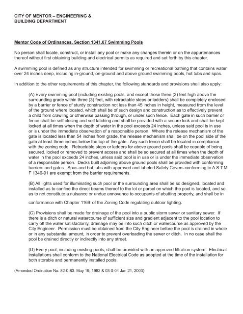 Swimming Pool Reference Sheet - City of Mentor