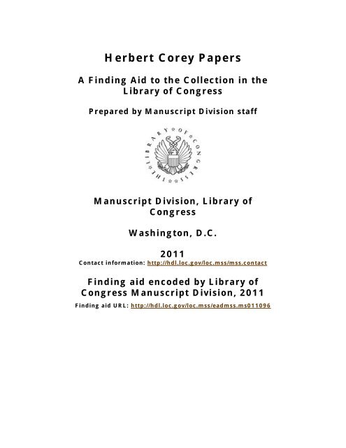 Herbert Corey Papers [finding aid]. Library of Congress. [PDF ...