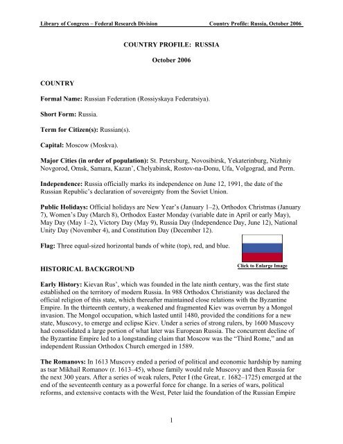 COUNTRY PROFILE: RUSSIA October 2006 - Library of Congress