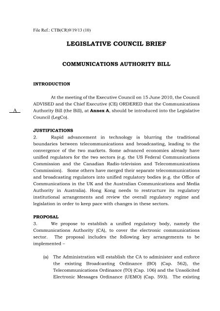 Legislative Council Brief - Communications Authority Bill