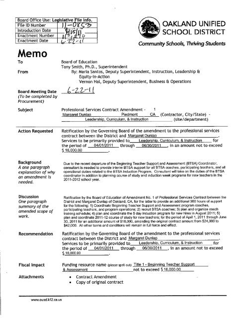 Memo OAKLAND UNIFIED SCHOOL DISTRICT