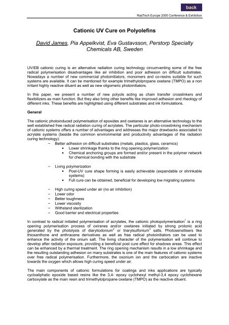 Cationic UV Cure on Polyolefins David James ... - RadTech Europe