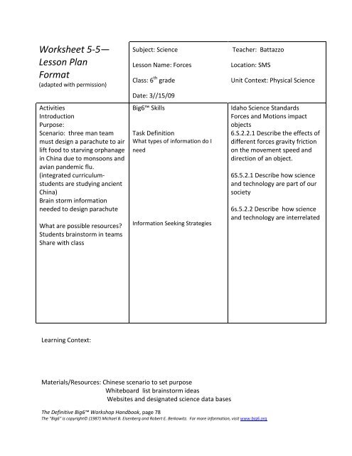 Worksheet 5-5? Lesson Plan Format - Idaho Commission for Libraries
