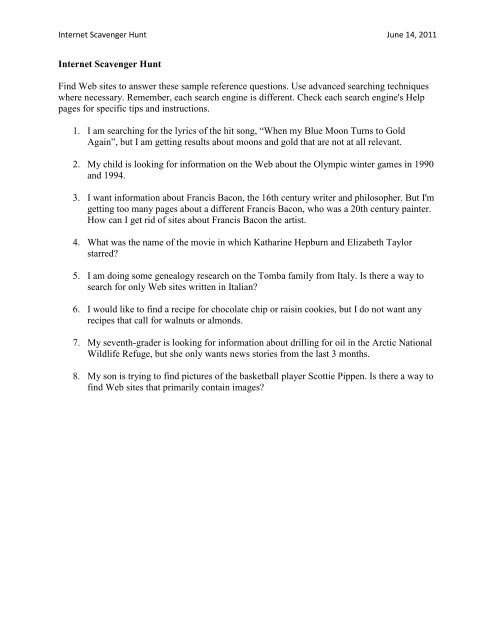 Internet Scavenger Hunt - Idaho Commission for Libraries