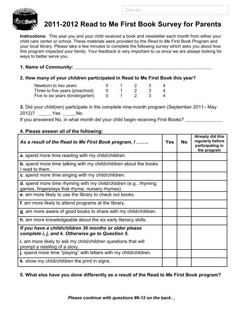 2011-2012 Read to Me First Book Survey for Parents - Idaho ...