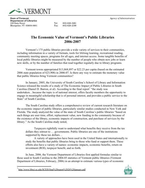 The Economic Value of Vermont's Public Libraries 2006-2007