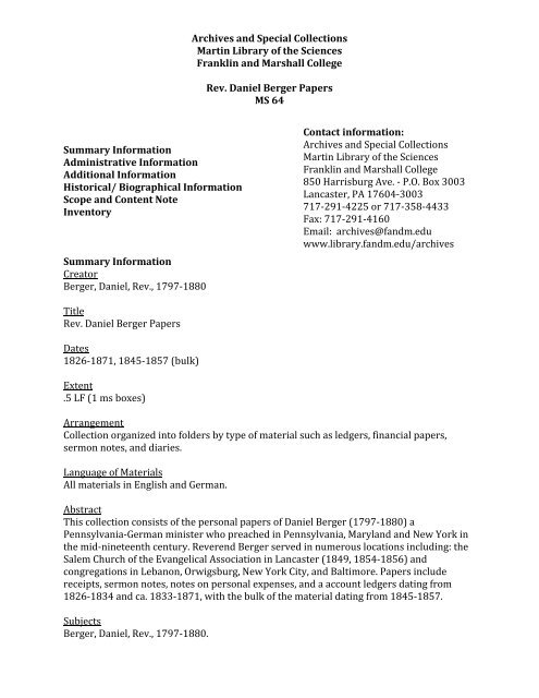 Rev. Daniel Berger Papers - Franklin & Marshall College Library