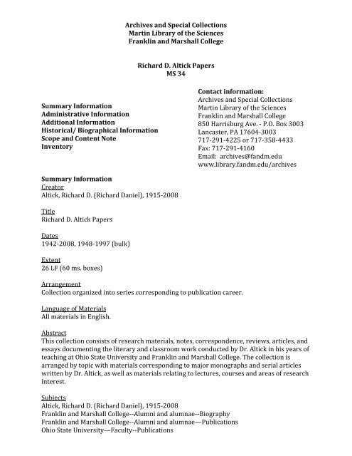 Richard D. Altick Papers - Franklin & Marshall College Library