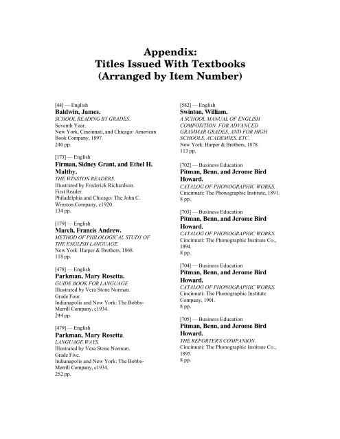 Appendix: Titles Issued With Textbooks (Arranged by Item Number)