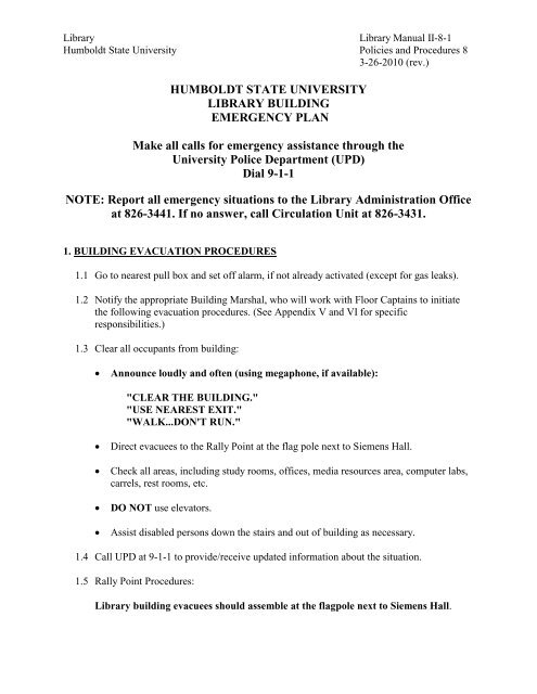 Library Building Emergency Plan - HSU Library - Humboldt State ...