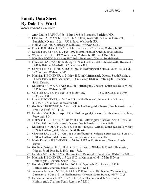 Family Data Sheet By Dale Lee Wahl