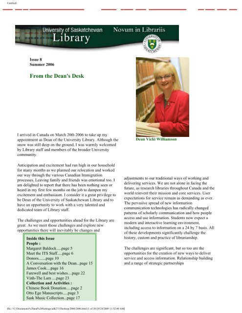 Summer 2006 - University Library - University of Saskatchewan
