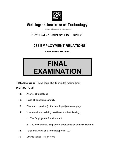 FINAL EXAMINATION - WelTec Library