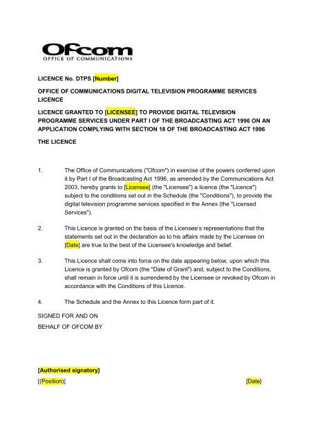 Digital Television Programme Service (DTPS ... - Ofcom Licensing