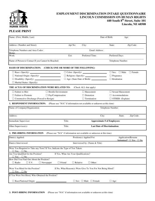 EMPLOYMENT DISCRIMINATION INTAKE QUESTIONNAIRE ...