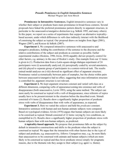 Prosodic Prominence in English Intransitive Sentences - Stanford ...