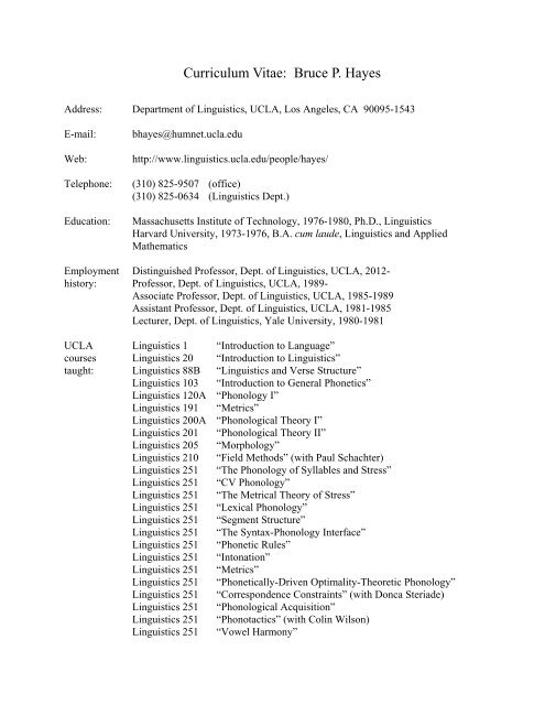 Curriculum Vitae: Bruce P. Hayes - UCLA Department of Linguistics