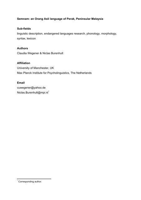 Semnam: an Orang Asli language of Perak, Peninsular Malaysia ...