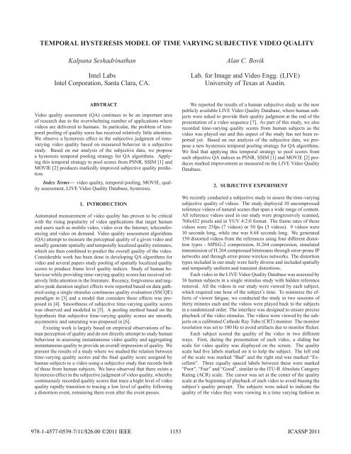 Temporal hysteresis model of time varying subjective video quality