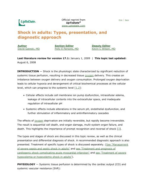 Shock in adults: Types, presentation, and diagnostic approach