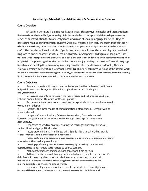 La Jolla High School AP Spanish Literature & Culture Course Syllabus