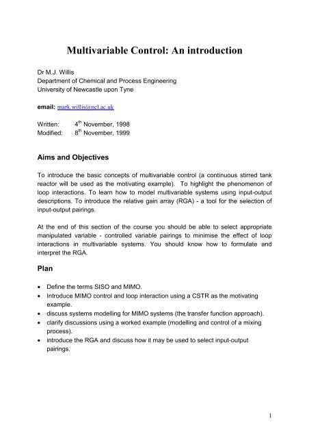 Multivariable Control: An introduction