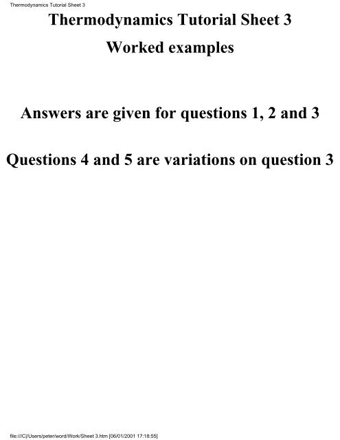 Thermodynamics Tutorial Sheet 3