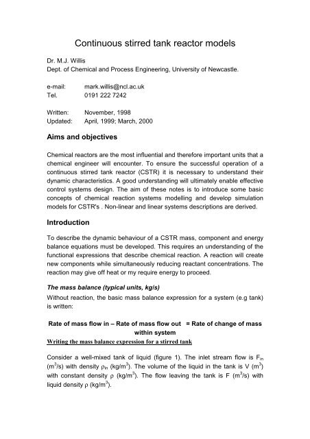 Continuous stirred tank reactor models