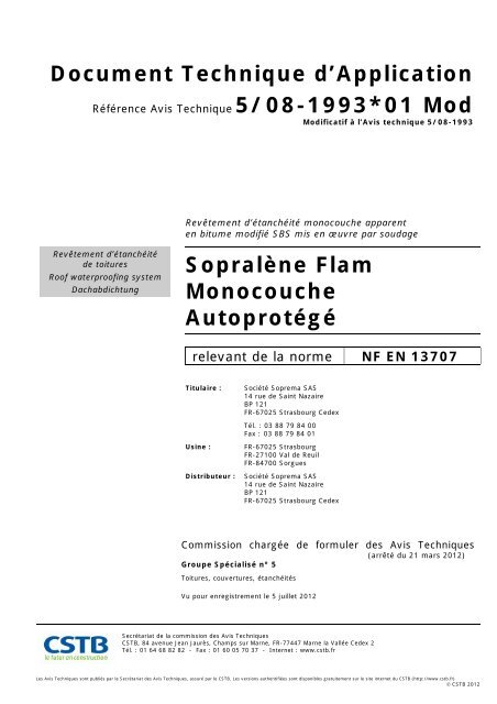 Document Technique d'Application Sopralène Flam ... - Soprema