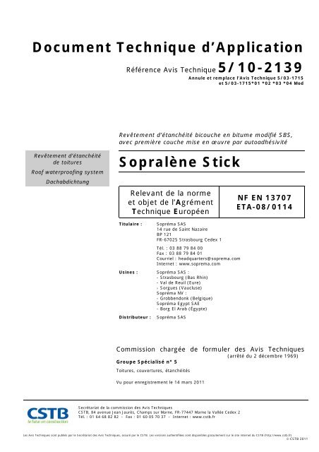 Document Technique d'Application Sopralène Stick - Soprema