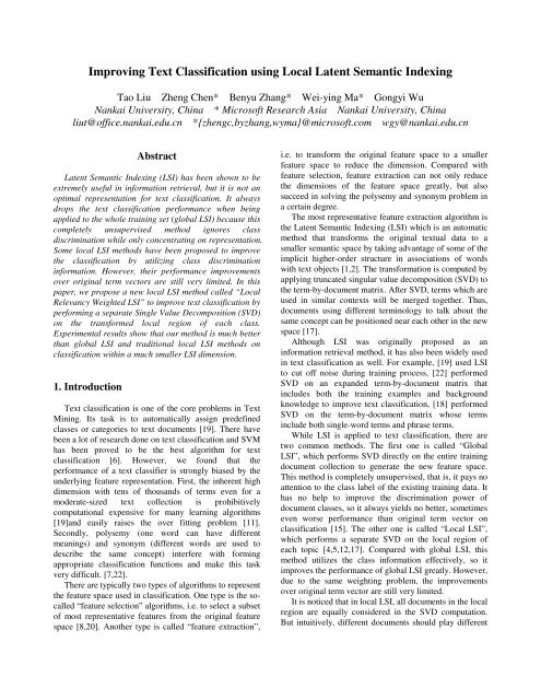 Improving Text Classification using Local Latent Semantic Indexing