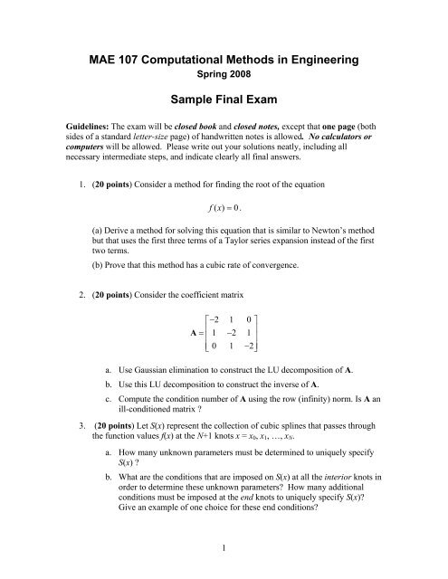 MAE 107 Computational Methods in Engineering Sample Final Exam MAE 107 Computational Methods in Engineering Sample Final Exam