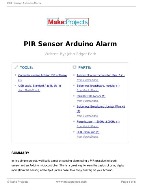 PIR Sensor Arduino Alarm PIR Sensor Arduino Alarm