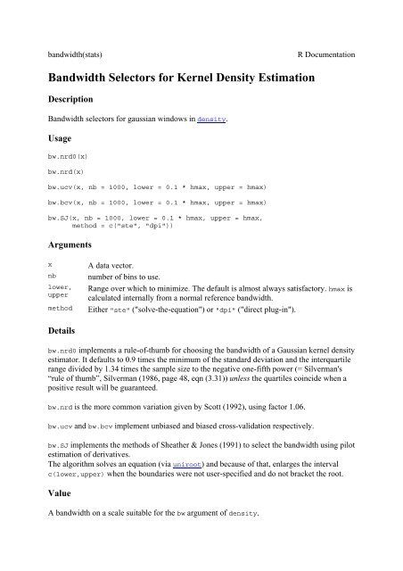 Bandwidth Selectors for Kernel Density Estimation Bandwidth Selectors for Kernel Density Estimation
