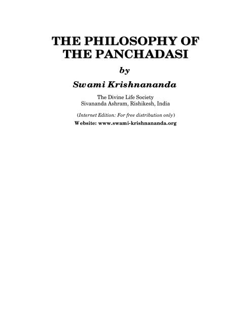 THE PHILOSOPHY OF THE PANCHADASI by ... - Higher Intellect