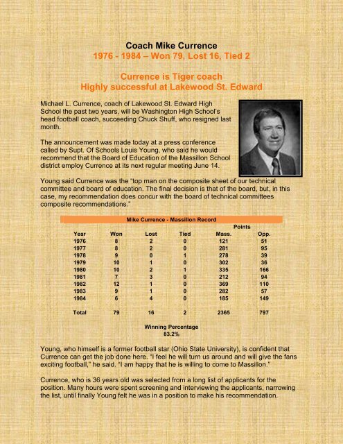 Coach Mike Currence 1976 - 1984 – Won 79, Lost ... - Massillon Tigers