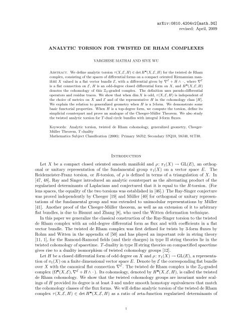 revised: April, 2009 ANALYTIC TORSION FOR TWISTED DE RHAM ...