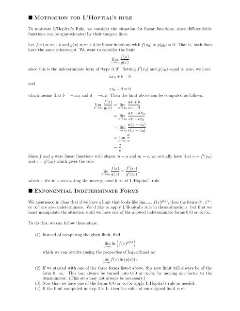 Motivation for L'Hoptial's rule Exponential Indeterminate Forms