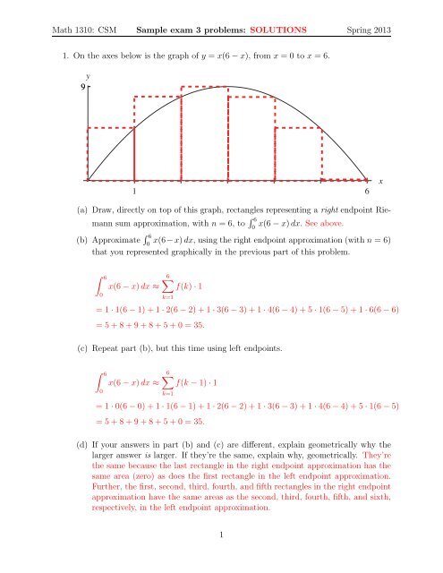 Math 1310: CSM Sample exam 3 problems: SOLUTIONS Spring ...