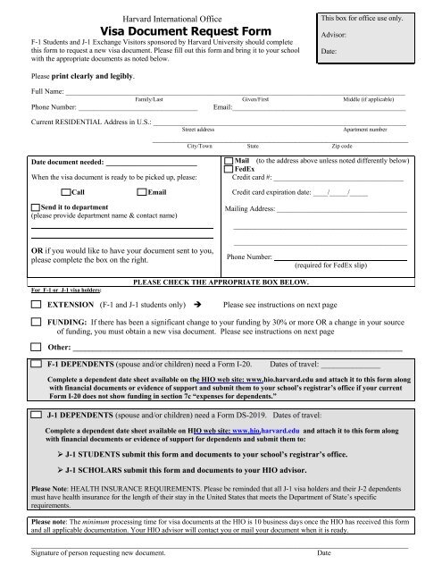 Visa Document Request Form - Harvard University