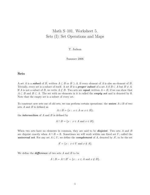 Math S?101. Worksheet 5. Sets (I): Set Operations and Maps