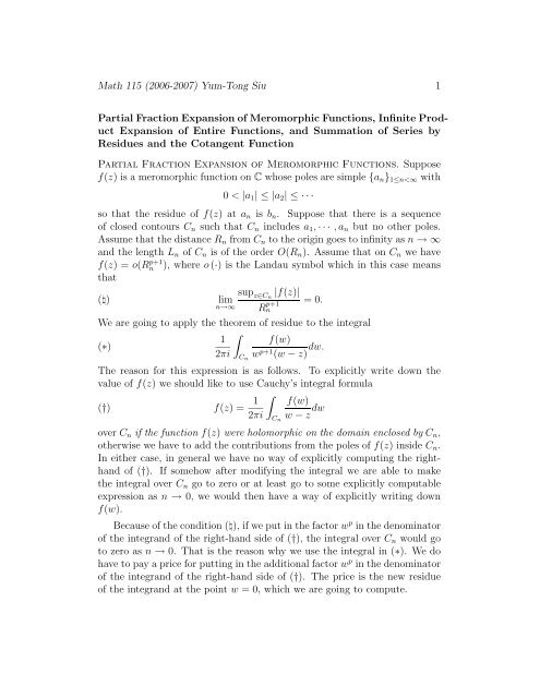Partial Fraction Expansion Of Meromorphic Functions Infinite