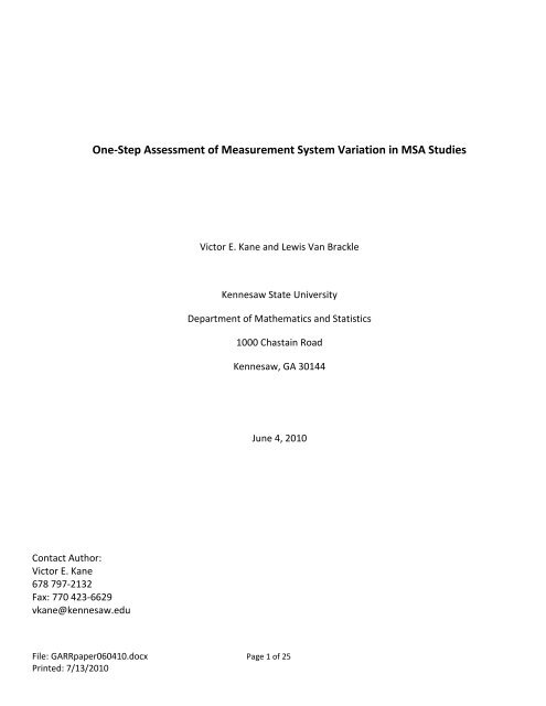 One-Step Assessment of Measurement System Variation in MSA ...