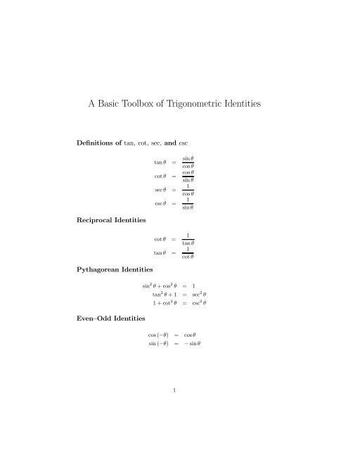 A Basic Toolbox of Trigonometric Identities