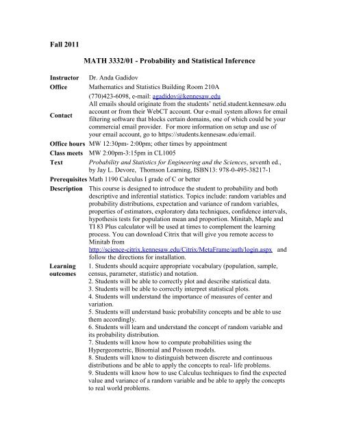 Course syllabus - Department of Mathematics and Statistics ...