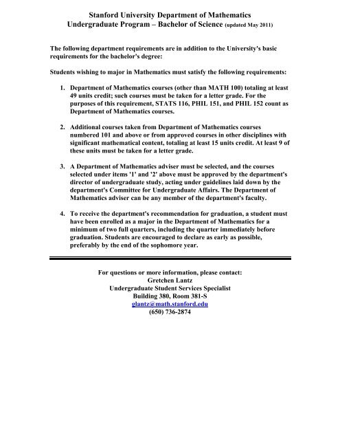 Checklist for Math Majors - Stanford University