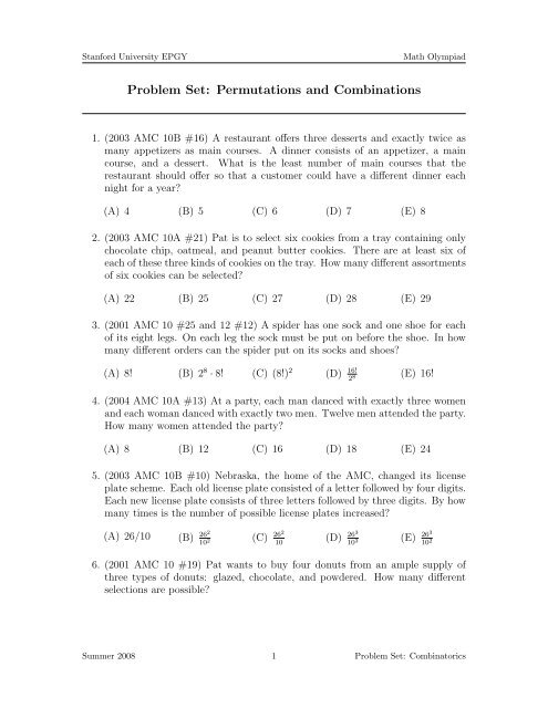 Problem Set: Permutations and Combinations - Stanford University