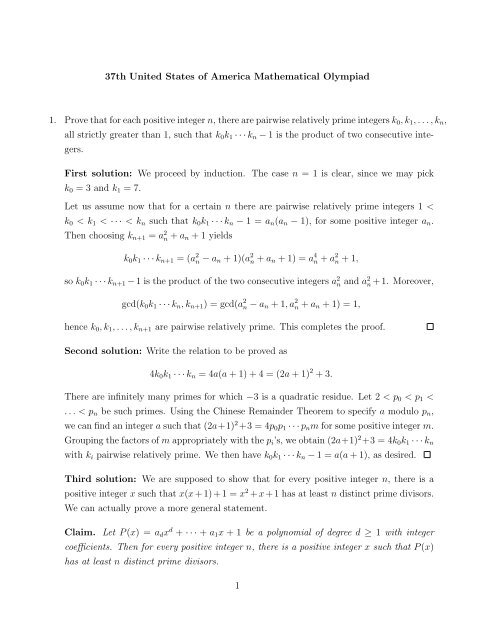 2008 USAMO Solutions - American Mathematics Competitions ...