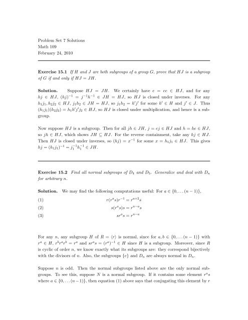 Problem Set 7 Solutions Math 109 February 24, 2010 Exercise 15.1 ...