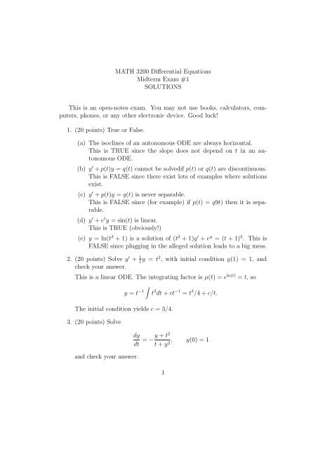 MATH 3200 Differential Equations Midterm Exam #1 SOLUTIONS ... MATH 3200 Differential Equations Midterm Exam #1 SOLUTIONS ...